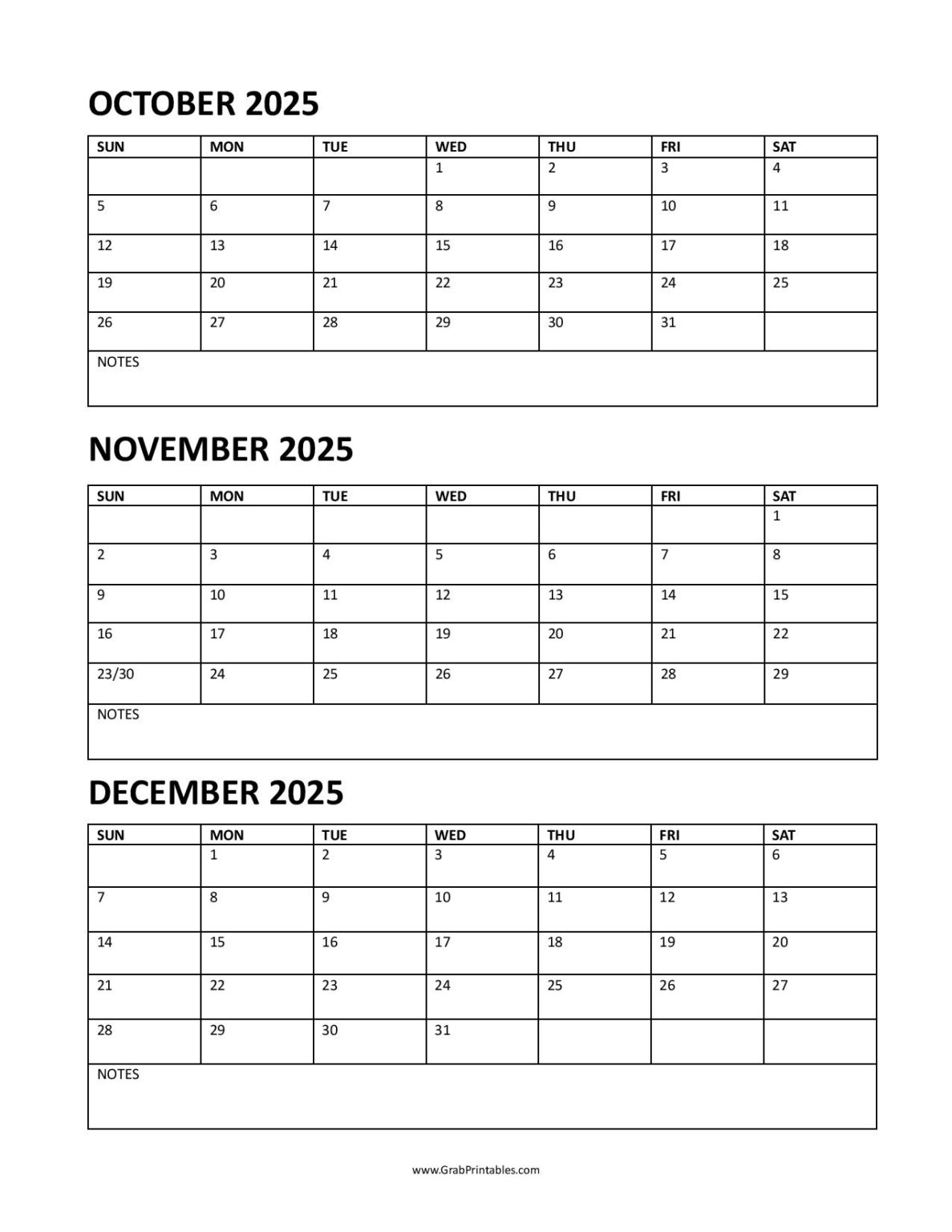 October November December 2025 Calendar | 4th Quarter