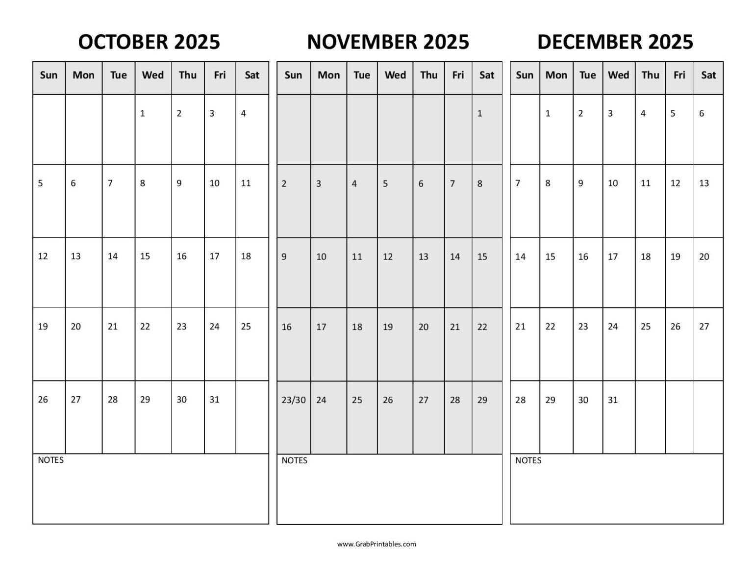 October November December 2025 Calendar | 4th Quarter