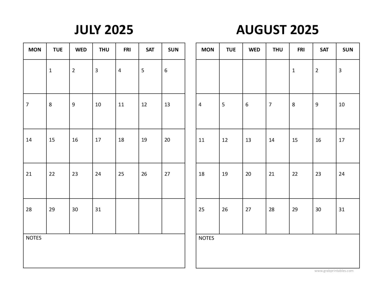 Free Printable July August 2025 Calendar | Two-Month Templates