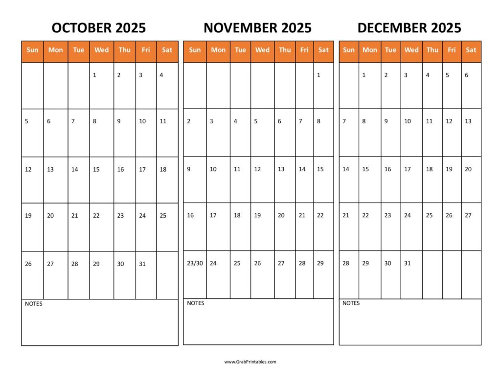 October November December 2025 Calendar | 4th Quarter