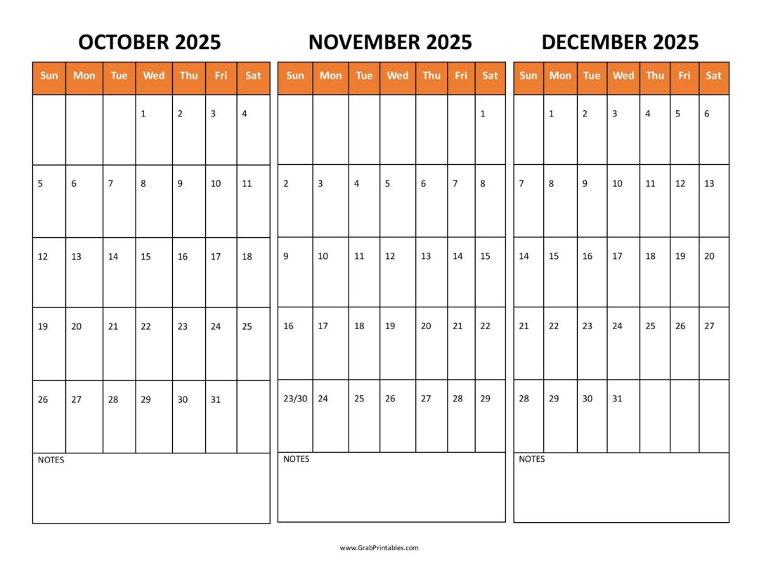 October November December 2025 Calendar | 4th Quarter