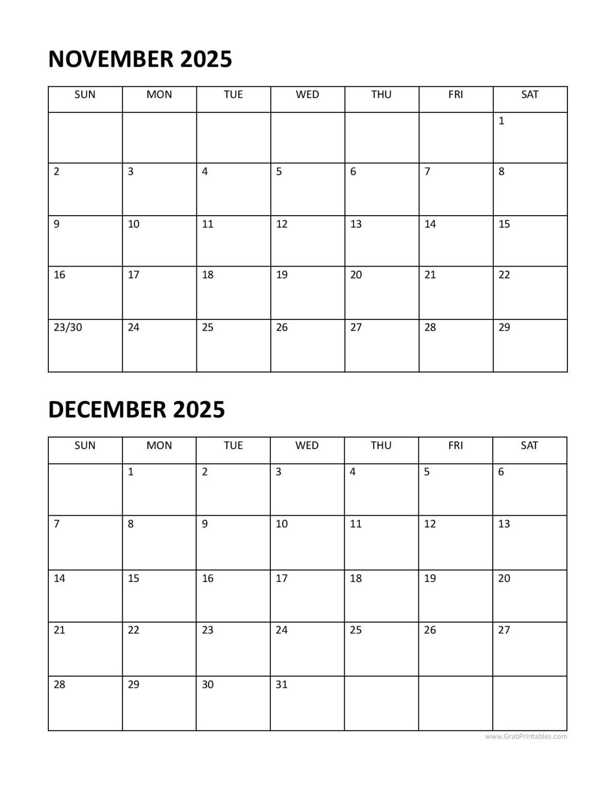 Free Printable November December 2025 Calendar | Two-Months