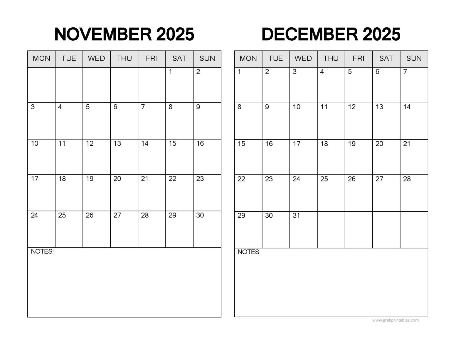 Free Printable November December 2025 Calendar | Two-Months